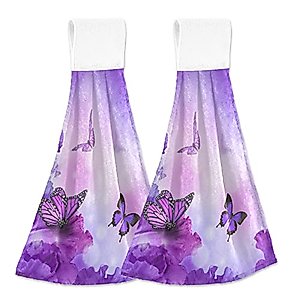 Kigai Purple Butterfly Hanging Tie Towels Set of 2, Absorbent Hand Towels Tea Bar Dish Dry Towels for Kitchen Bathroom Home Decor, 12 x 17 Inch