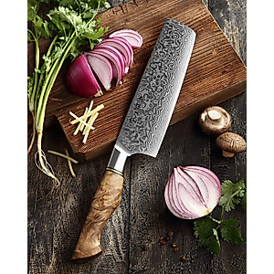 HEZHEN 7 inch Nakiri Knife Japanese High Carbon Steel-Super Durable Cooking Knife-67 Layers of Damascus Steel Sharp Blade -Ergonomic Design for Figured Sycamore Wood Handle