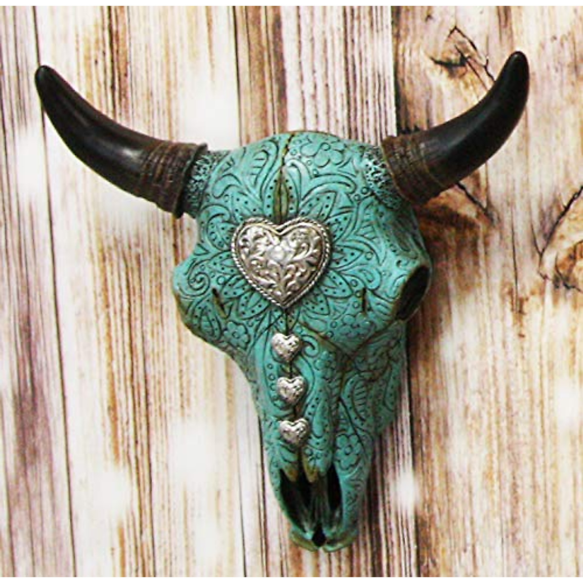 Ebros 10" Wide Western Southwest Steer Bison Buffalo Bull Cow Horned Skull Head Turquoise Silver Heart With Scroll Lace Design Wall Mount Decor Native Indian Sacred Animal Totem Bust Skulls