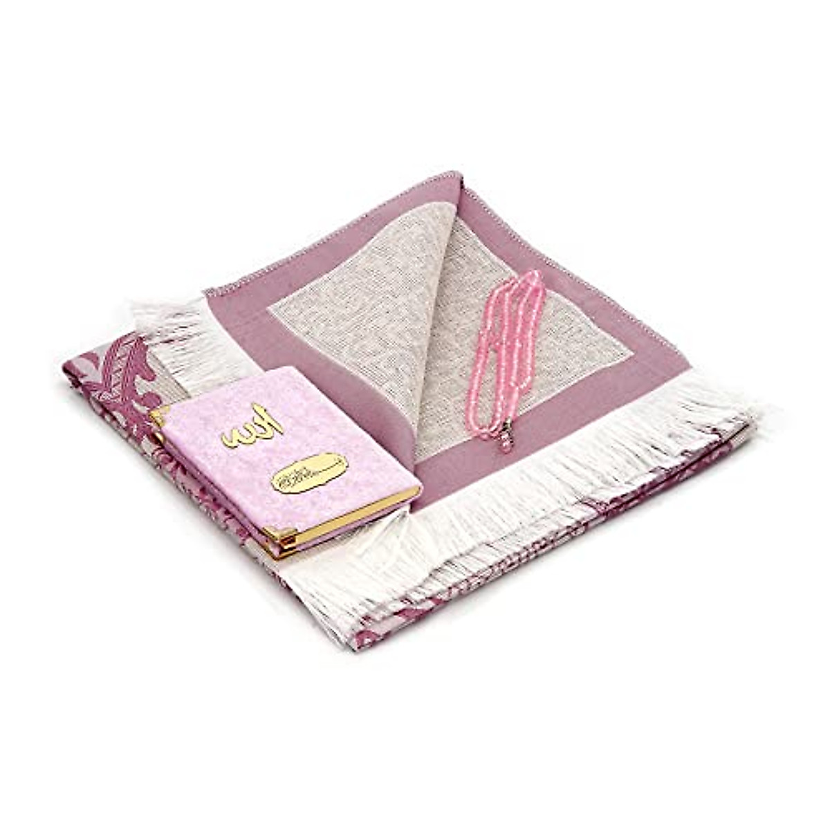 ihvan online Taffeta Fabric Muslim Prayer Rug & Velvet Covered Yaseen Surah Pocket-Size Book & Prayer Beads Set with Special Transparent Boxed, Perfect Islamic Ramadan Eid Gifts, Pink