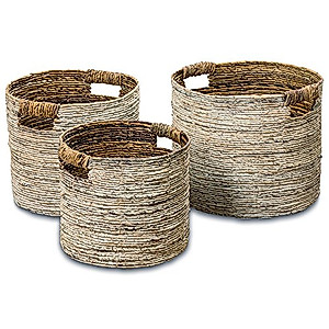 Woven Storage Baskets, Set of 3, Chunky Weave, Rustic Natural Accents, Cut Out Handles, Various Sizes 10.25 Inches - 16.25 Inches, Romantic Beach Chic White Washed Banana Leaf Baskets,