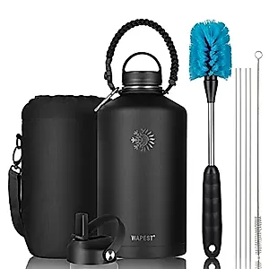 Water Bottle 64 oz with Paracord Handle & Cleaning Brush, Half Gallon Double Wall Vacuum Metal Stainless Steel Insulated Water Flask Jug with 2 Lids and Carrying Pouch, Leakproof and BPA-Free, Black