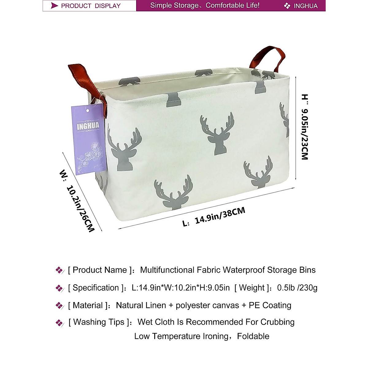 INGHUA Rectangular Storage Basket Fabric Organizer Bin for Toys,Books,Clothes,Gifts,Pets-Perfect for Home,Office,Nursery,Dorm,Shelf(Rec grey deer)