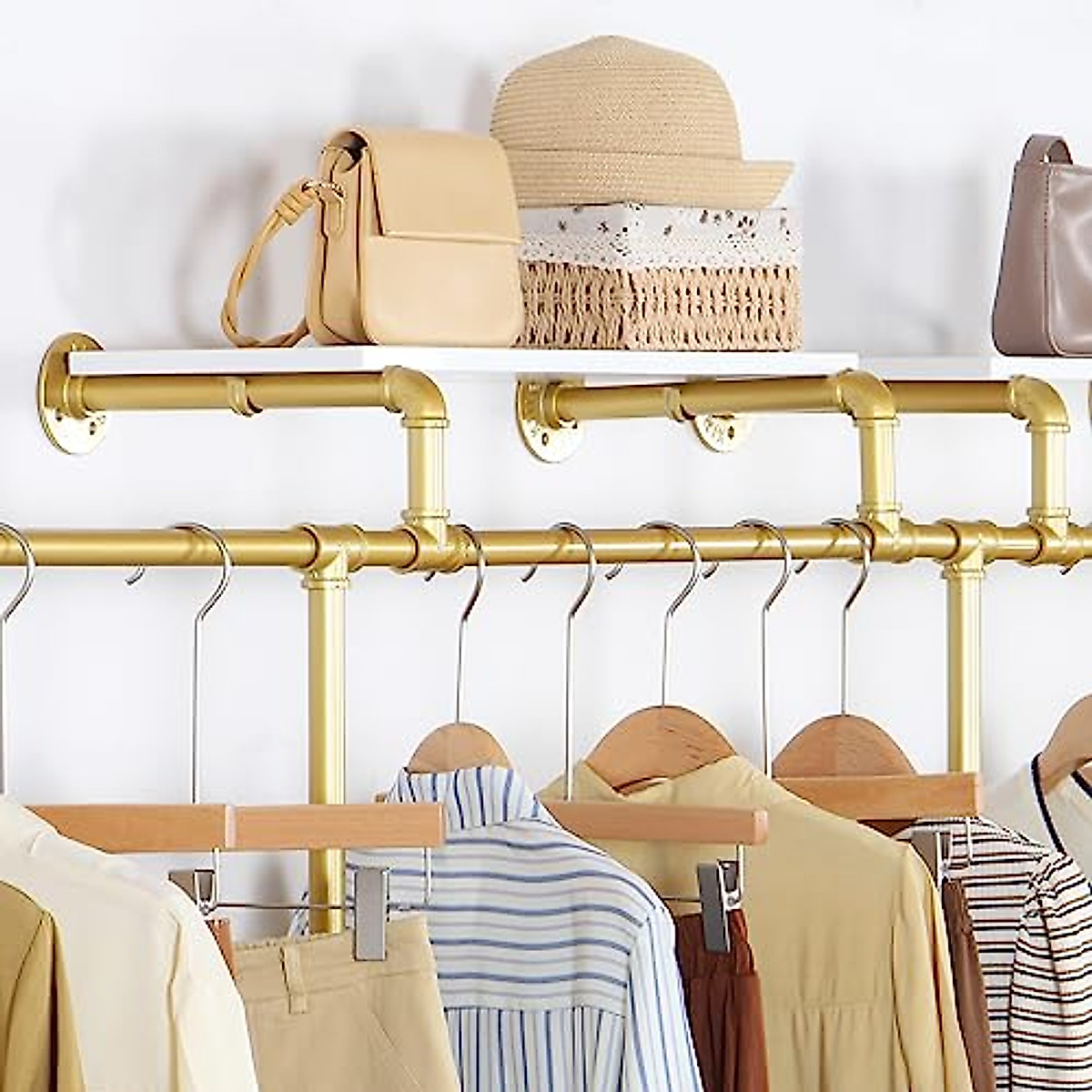 WJJAYY Wall Mounted Gold pipe clothing rack with 3 T-Bar Design and Nano Gold Finish with 2 Wooden Shelves Heavy Duty Wall Mounted Gold Iron Garment Bar for Retail Display and Closet Storage