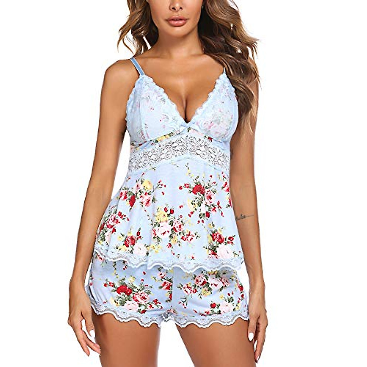 Avidlove Womens Sexy Pajama Sets Modal Sleepwear Cami Shorts Set Sexy Lace Strim Pj Sleepwear Set Floral Print