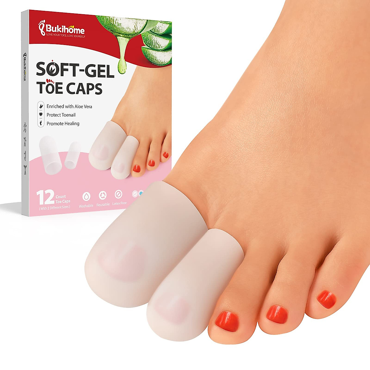 Bukihome Silicone Toe Protectors - 12 Pack Gel Toe Sleeves Toe Protectors - Toe Caps with Aloe Vera Essential Oils - Toe Cushions for Pain Relief, Toe Protection for Corns, Calluses (8L + 4S)
