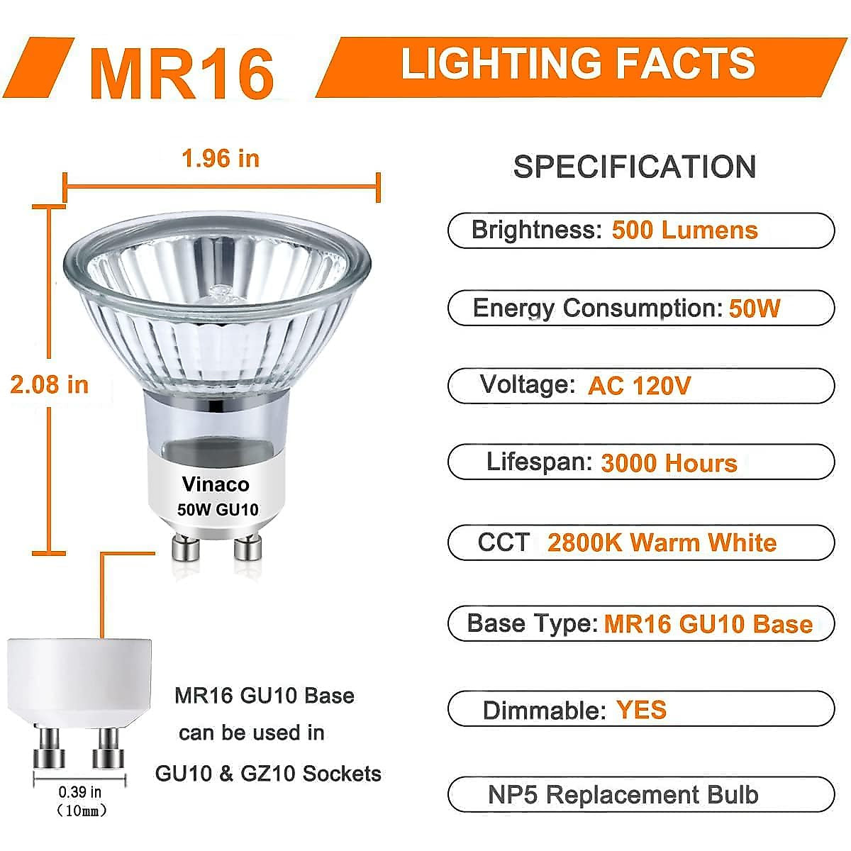 Vinaco GU10 Bulb, 6 Pack MR16 GU10 120V 50W Long Lasting, GU10 Halogen Bulb Warm White 2800K, 50W GU10 Dimmable with GU10 Base for Track Light Bulbs, Hood Light Bulbs. Halogen GU10+C 120V 50W
