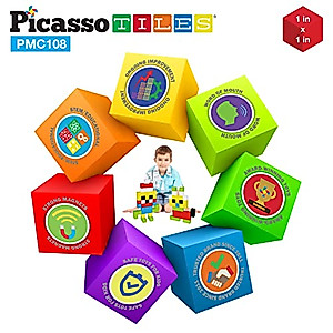 PicassoTiles Magnetic Toy_Building_Block Cubes Building Block, 3D Cube Construction Toy with Free Idea Book for Kid, Baby, Boy, Girl & Toddlers 108 Piece