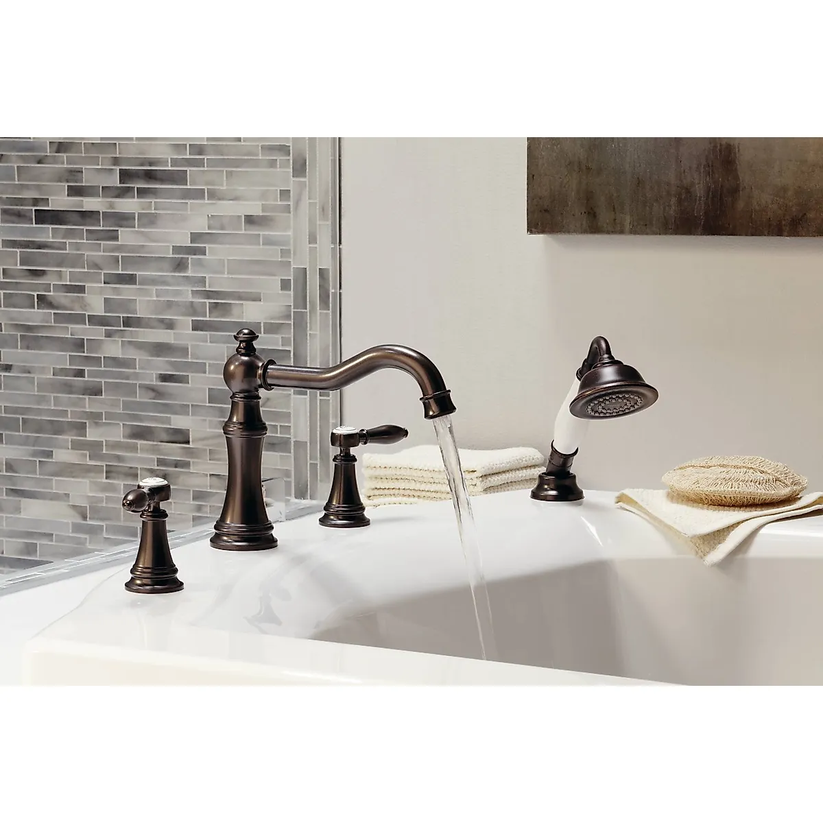 Moen TS21104 Weymouth Two-Handle Roman Tub Faucet Trim Kit with Handshower, Valve Required, Chrome