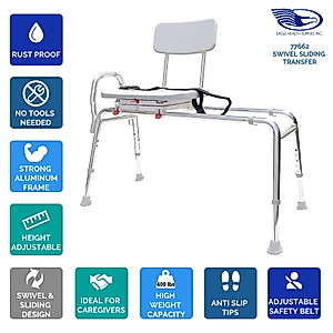 Eagle Health Supplies - Swivel Sliding Bath Transfer Bench (77662) - Regular (Base Length: 39" - 40") - Heavy-Duty Shower Bathtub Chair