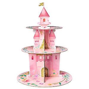 ANGOLIO 3 Tiers Watercolor Princess Cupcake Stand Princess Birthday Party Cardboard Cupcake Holder Decorations Pink Castle Party Dessert Tower Princess Party Supplies for Kids Pink Themed Baby Shower