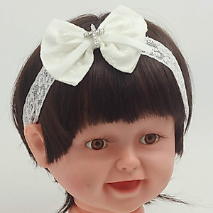 White Baby Bow Headband for Baptism Christening Satin Lace Hair Band with Cross for Toddler (A-off white bow headband, 6 months-2 years old)