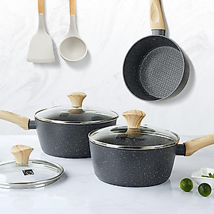 KOCH SYSTEME CS Saucepan with Lid, Nonstick 3 Quart Sauce Pan with Lid, Black Marble Coatings, Granite Saucepan with Comfortable Bakelite Handle, Small Cooking Pot, 3 Quart Saucepan with Lid