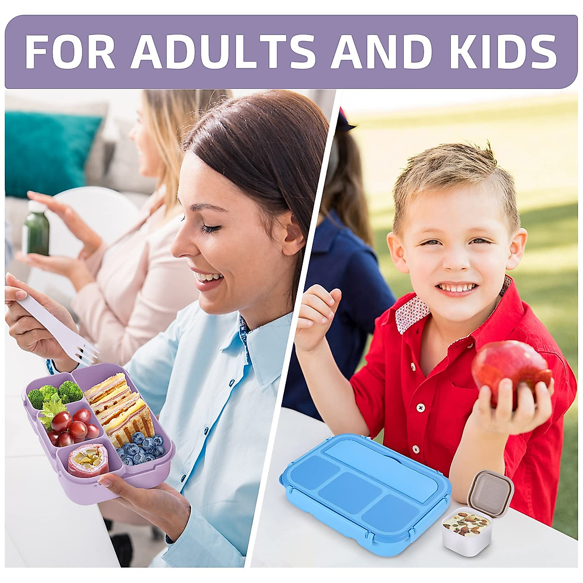 Sunhanny Bento Lunch Box for Adults, Kids Girls Boys Lunch Box, Lunch Containers for Adults Women with 4 Compartments, Sauce Container, Fork and Spoon, Muffin Cups, Purple