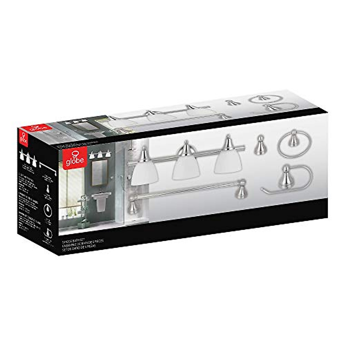 Globe Electric 50700 5-Piece Bathroom Accessory Set, with Vanity, Brushed Steel, 3-Light Vanity Light, Frosted Glass, Towel Bar, Toilet Paper Holder, Towel Ring, Robe Hook, Home Improvement