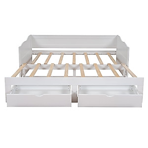 Flieks Wooden Daybed with Trundle Bed and Two Storage Drawers Twin Bed to King Design Sofa Bed, 77.2" L x76.4 W Extendable Bed Daybed for Bedroom Living Room