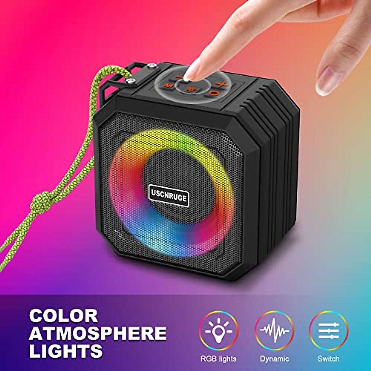 USCNRUGE Portable Bluetooth Speaker IP65 Waterproof Shower TWS Wireless 360° Stereo Subwoofer with RGB Multipul Colors Rhythm Lights for Beach Pool Camping Gifts Support TF Card AUX U Disk FM Radio