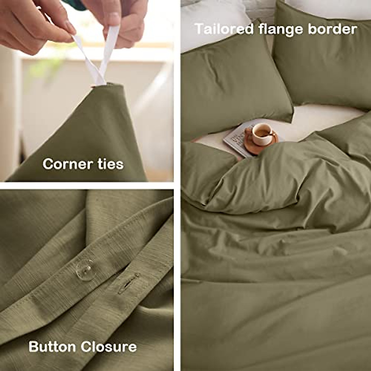 Olive Green Linen-Textured 55% Viscose from Bamboo 45% Cotton Duvet Cover Set, Pre-washed Soft Breathable Queen Size Duvet Cover for Hot Sleepers, Natural Organic Duvet Cover with 2 Pillowcases