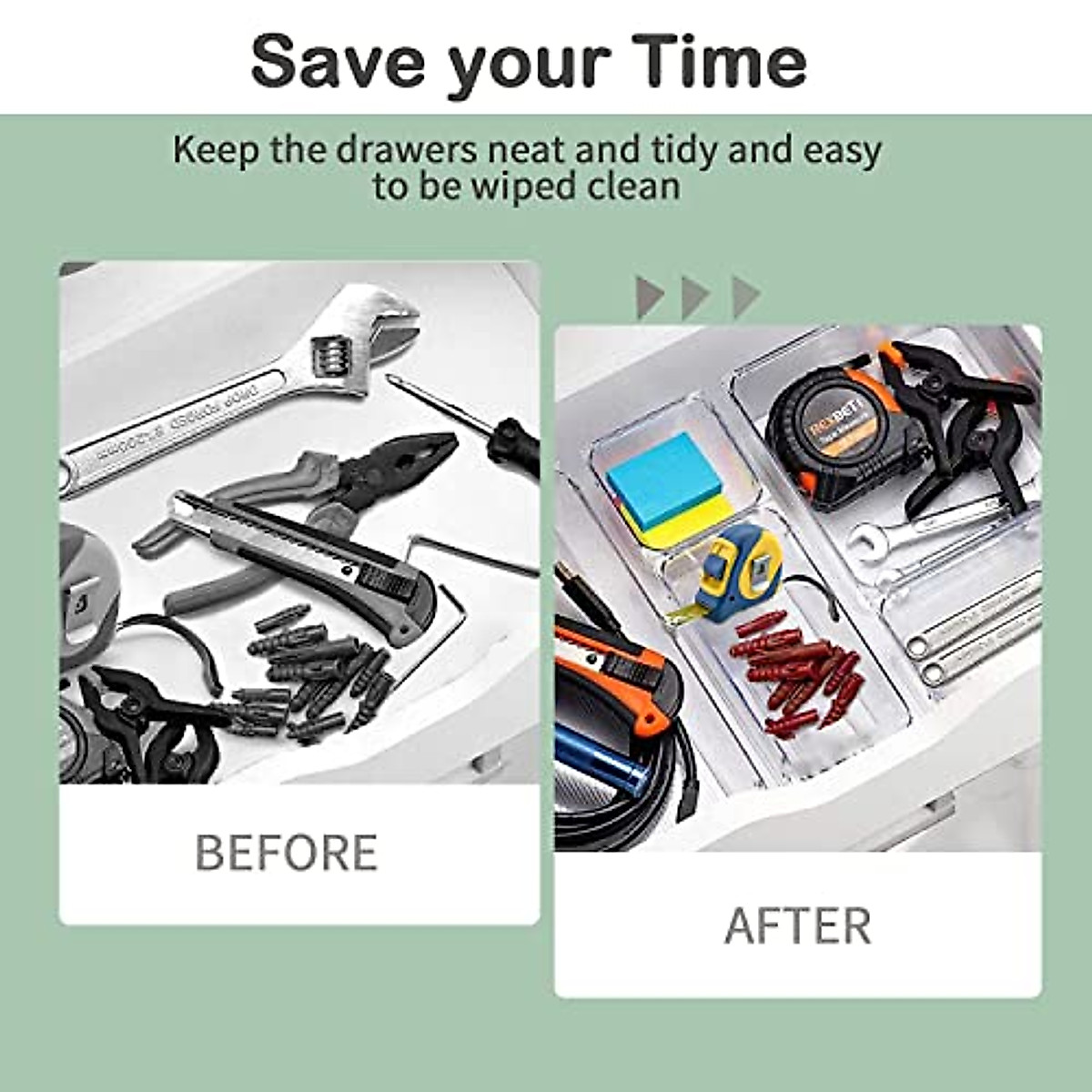 CHANCETSUI 10 pcs Desk Drawer Organizer Non-Slip Organiser Trays, 4-Size Clear Plastic Drawer Storage Boxes, Drawer Organizer Dividers for Makeup, Kitchen, Bedroom, Bathroom, Office