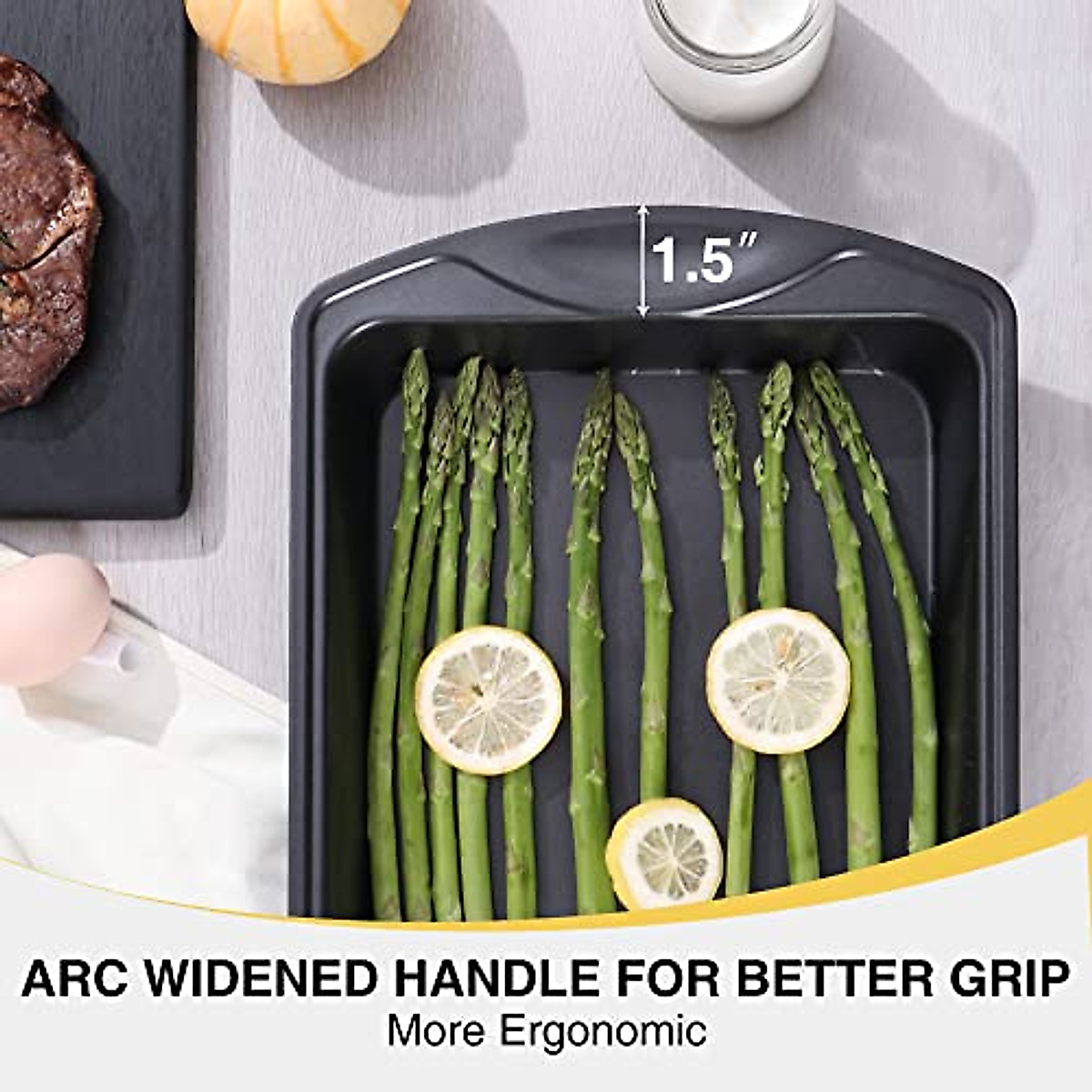 HONGBAKE 9x13 Baking Pan, Rectangle Cake Pan, Premium Small Sheet Pan for Oven with Widened Handle, Nonstick and Dishwansher Safe - Dark Grey