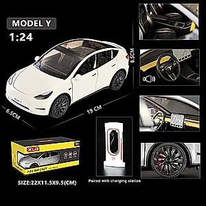 Model Y Toy Cars 1/24 Alloy Diecast Model Car, Pull Back Model Y Model Car with Light and Sound, Tesla Big Model Y Car Model Toy Suitable for Kids Adults Birthday Gift (White)