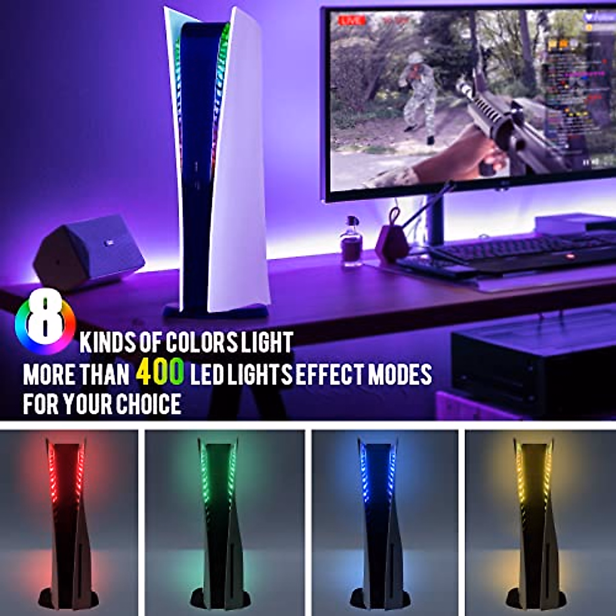 NICEMOVIC LED Light for PS5 Console, Playstation 5 LED Lights DIY Decoration Accessories, Game Sound/Music Sync, RGB 8 Colors 400 Lights Effects with USB/APP Control and 40Key IR Remote