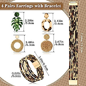 Beach Purse Earrings Set Straw Shoulder Bag Vacation Beach Purse with 4 Rattan Boho Tropical Earrings Leopard Bracelet Kit (Dark Color Round)