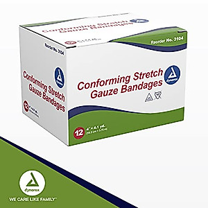 Dynarex 3104 Non-Sterile Stretch Gauze Bandage Roll, 4" x 4.1 yard, Pack of 12