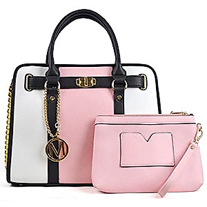 Women Fashion Satchel Shoulder Purse Vegan Leather Tote Handbags Top Handle Bag 2pcs with Wallet(Pink/White)