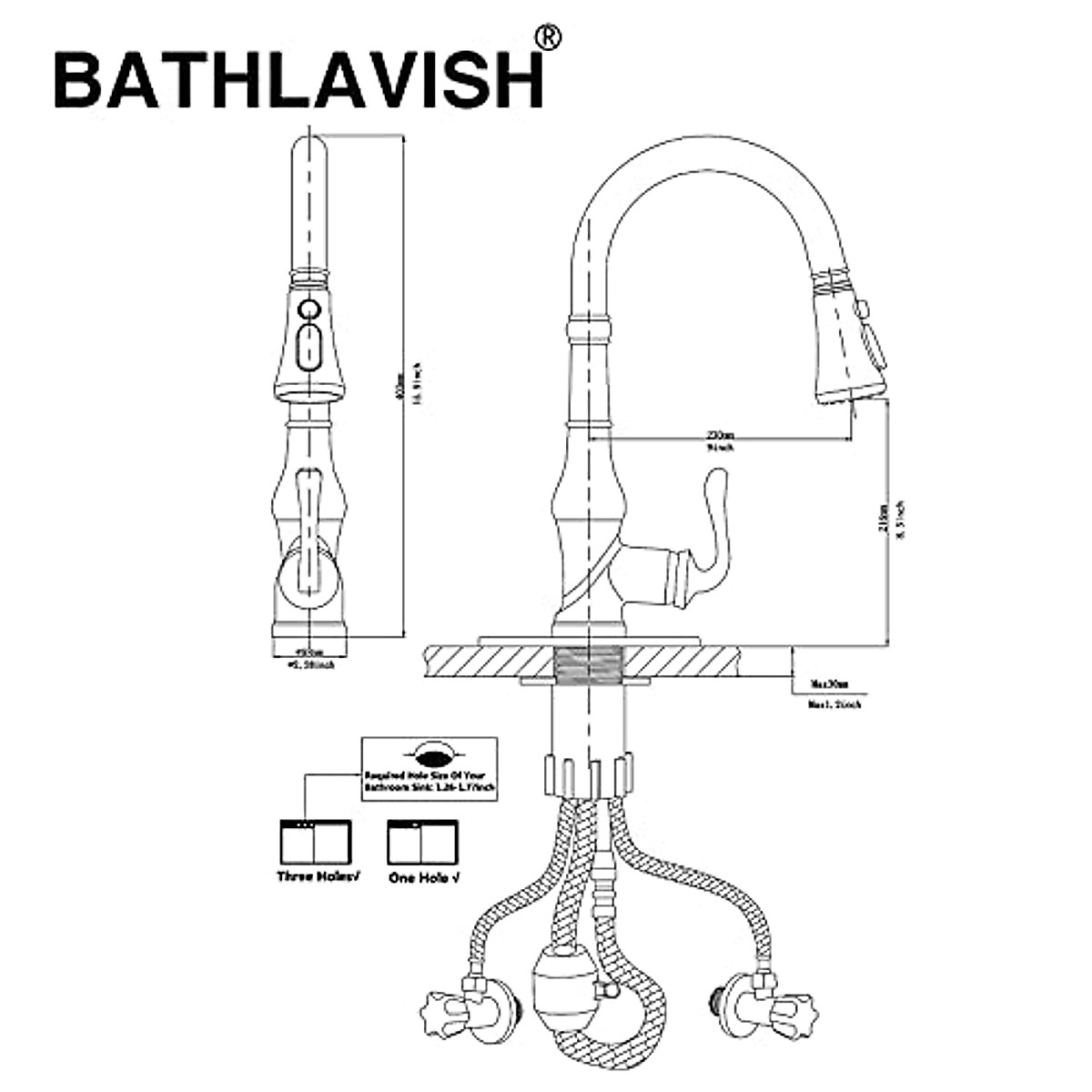 BATHLAVISH Kitchen Faucet Oil Rubbed Bronze, Pull Down Kitchen Faucet Farmhouse with Sprayer, Kitchen Sink Faucet Bronze, Single Hole Single Handle 3 Outlet Mode with 10 Inch Deck Plate Solid Brass