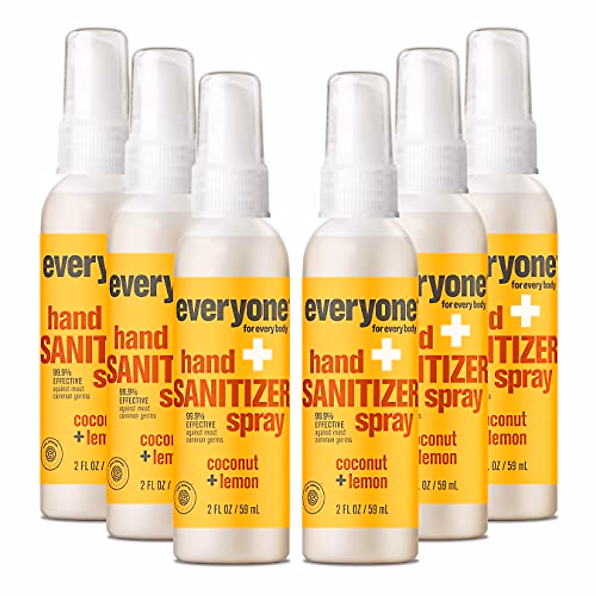 Everyone for Every Body Hand Sanitizer Spray, 2 Ounce (Pack of 6), Coconut and Lemon, Plant Derived Alcohol with Pure Essential Oils, 99% Effective Against Germs