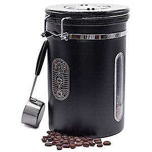 ALPACA VENTURES Stainless Steel Coffee Canister - Airtight Kitchen Food Storage Container with Date Tracker, CO2-Release Valve and Measuring Scoop For Ground Coffee, Beans, Tea, Sugar, Large (Black)