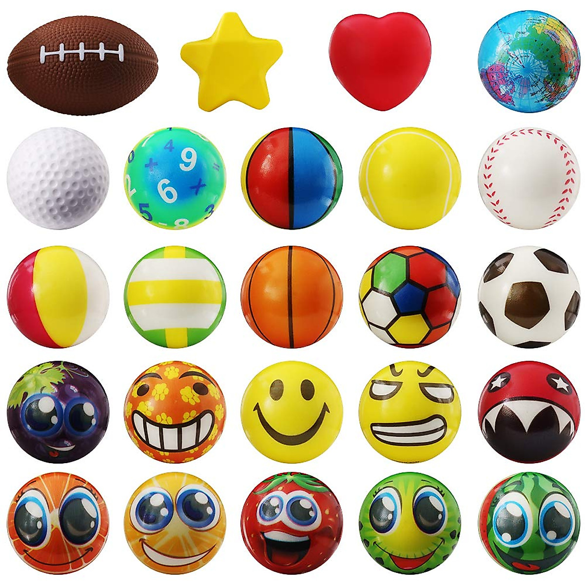 LovesTown 24 PCS Stress Balls Bulk, Sport Stress Balls for Adults Kids Foam Squeeze Balls Stress Relief Assorted Designs Treasure Box Toys for Party Classroom Students Prize