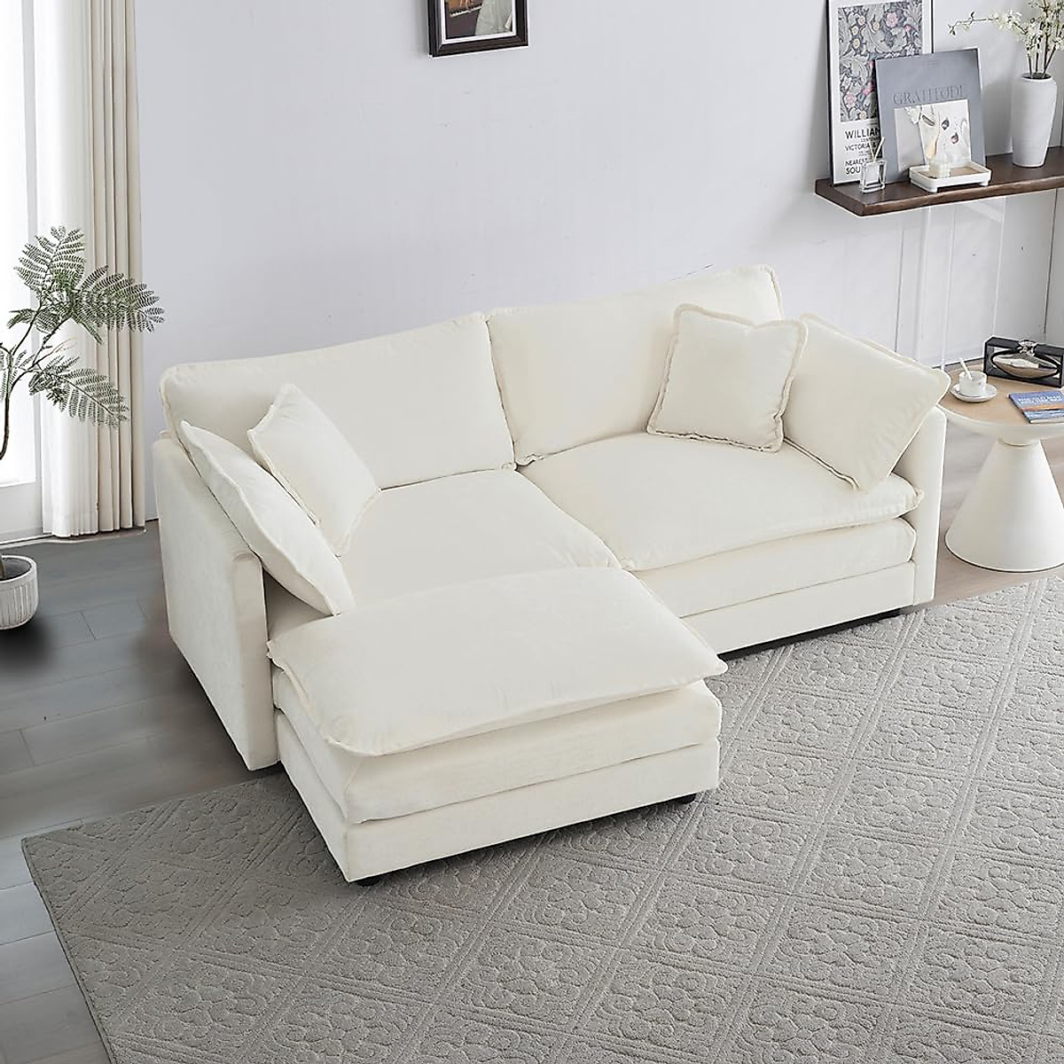 WILLIAMSPACE 76.7" Sectional Sofa Couch for Living Room, Modern Upholstered Loveseat Sofa with Ottoman, 2 Seater L-Shaped Sectional Couch for Apartment Small Space, Chenille Fabric (Cream White)