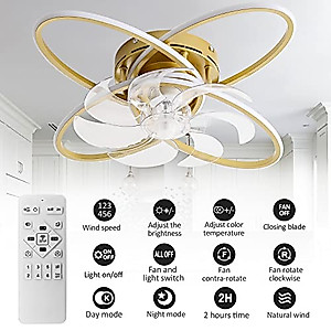 Flush Mount Bladeless Ceiling Fan with 3 Colors Dimmable Step-Less LED Light,Modern Low Profile Ceiling Fan Lighting Fixture with Remote Control 6 Speeds,Indoor Outdoor Bedroom Living Room (Golden)