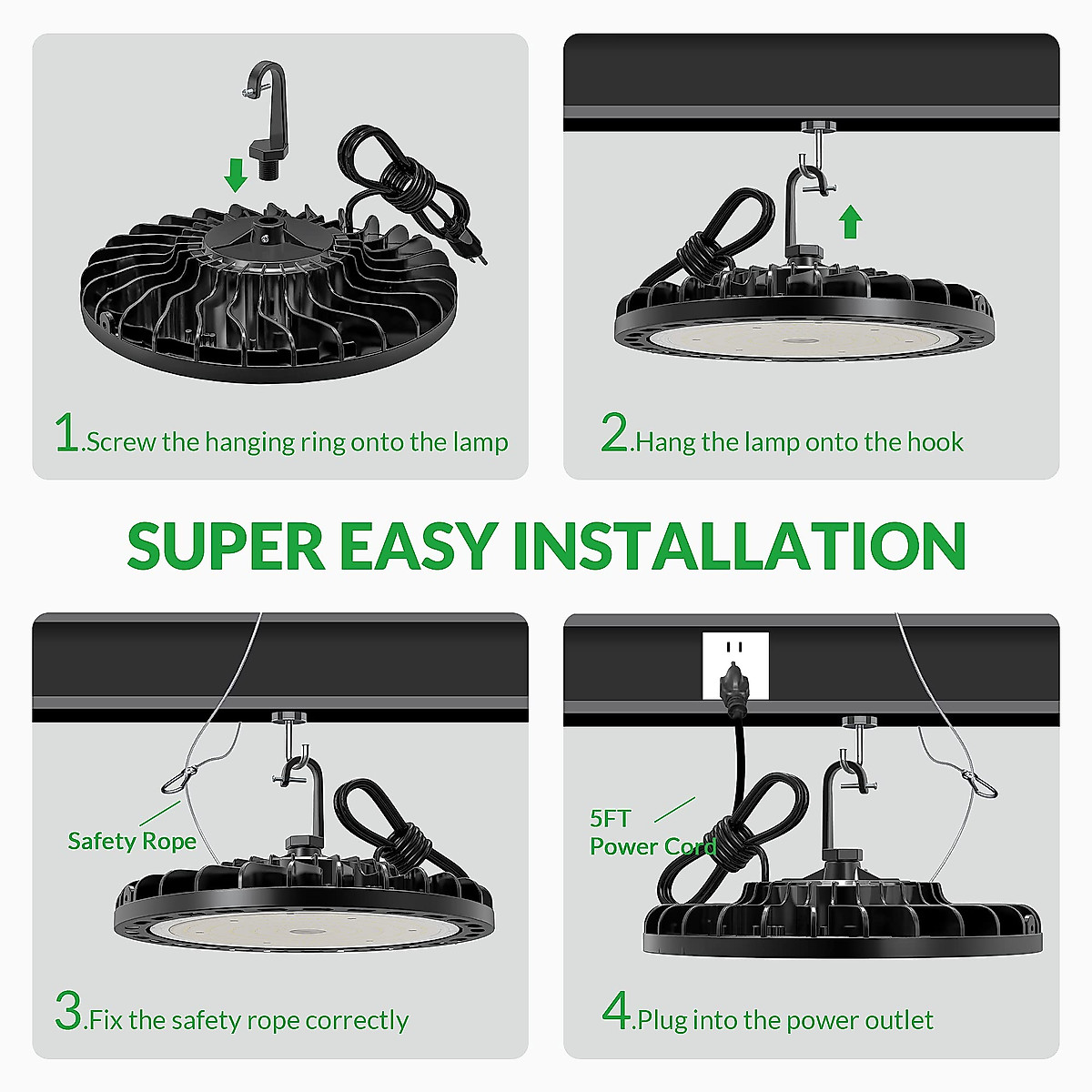 200W UFO LED High Bay Light 2PCS, 28000 LM with US Plug 5ft Cable, 5000K, Commercial Industrial Warehouse Shop Factory Barn Garage Area Lighting Fixture, Non-Dim