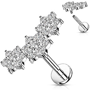 Covet Jewelry Triple CZ Flower Cluster Top on Internally Threaded 316L Surgical Steel Flat Back Studs for Labret, Monroe, Cartilage and More (16GA, L: 5/16" (8mm), Clear)