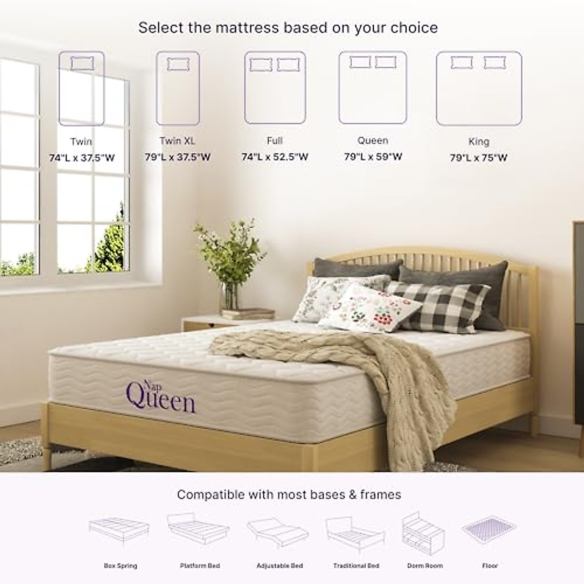 NapQueen 8 Inch Innerspring Twin Size Medium Firm Memory Foam Mattress, Bed in a Box, White