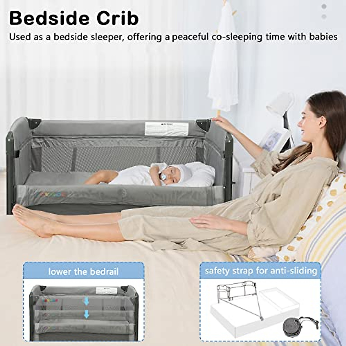 JOYMOR Baby Bedside Sleeper, Extra Large Bed Side Bassinet, Pack n Play Convert Playpen, Quick Foldable Travel Bassinet Bed, with Toy, Wheels & Brake, Carry Bag for Boys Girls