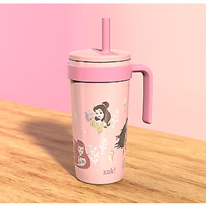 Zak Designs Disney Princess Fairway Travel Tumbler for Home or On the Go, 18oz Stainless Steel with Vacuum Insulation, Spillproof Straw, and Handle (Ariel, Belle, Cinderella, Jasmine, Moana, Tiana)