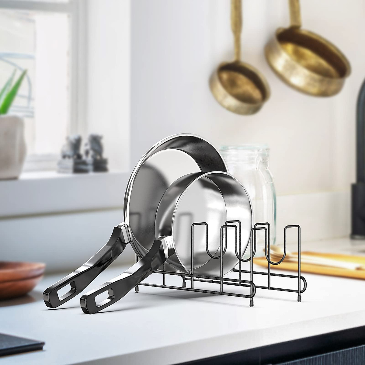 [Pack of 2] Pan Lid Organizer, Pan Organizer for Kitchen Inside Cabinet, Lid organizer for the pots and pans, Plates Holder Organizer for the Lid, Dish, Baking Pan, Chopping Board on Countertop (Black)