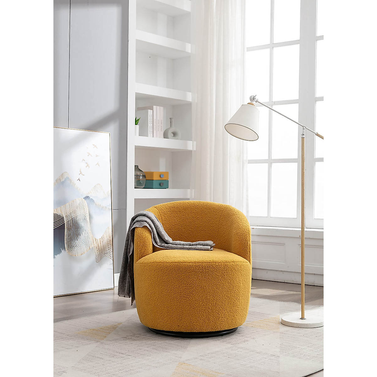 INMOZATA Swivel Barrel Chair, Teddy Fabric Modern Accent Armchair Barrel Chair with Metal Base, Upholstered Comfy 360°Round Single Reading Chair for Living Room Bedroom,Yellow