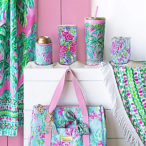 Lilly Pulitzer 12 Oz Insulated Tumbler with Lid, Blue/Pink Stainless Steel Travel Wine Glass, Double Wall Metal Cup, Best Fishes