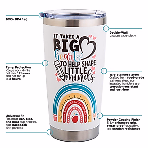 Teacher Tumbler-It Takes A Big Heart to Shape Little Minds, Teacher Coffee Mug, Teacher Appreciation Drinking Cup, Presents for Teachers Christmas Gifts Ideas, Best Teacher Ever, Toddler Teacher Gift