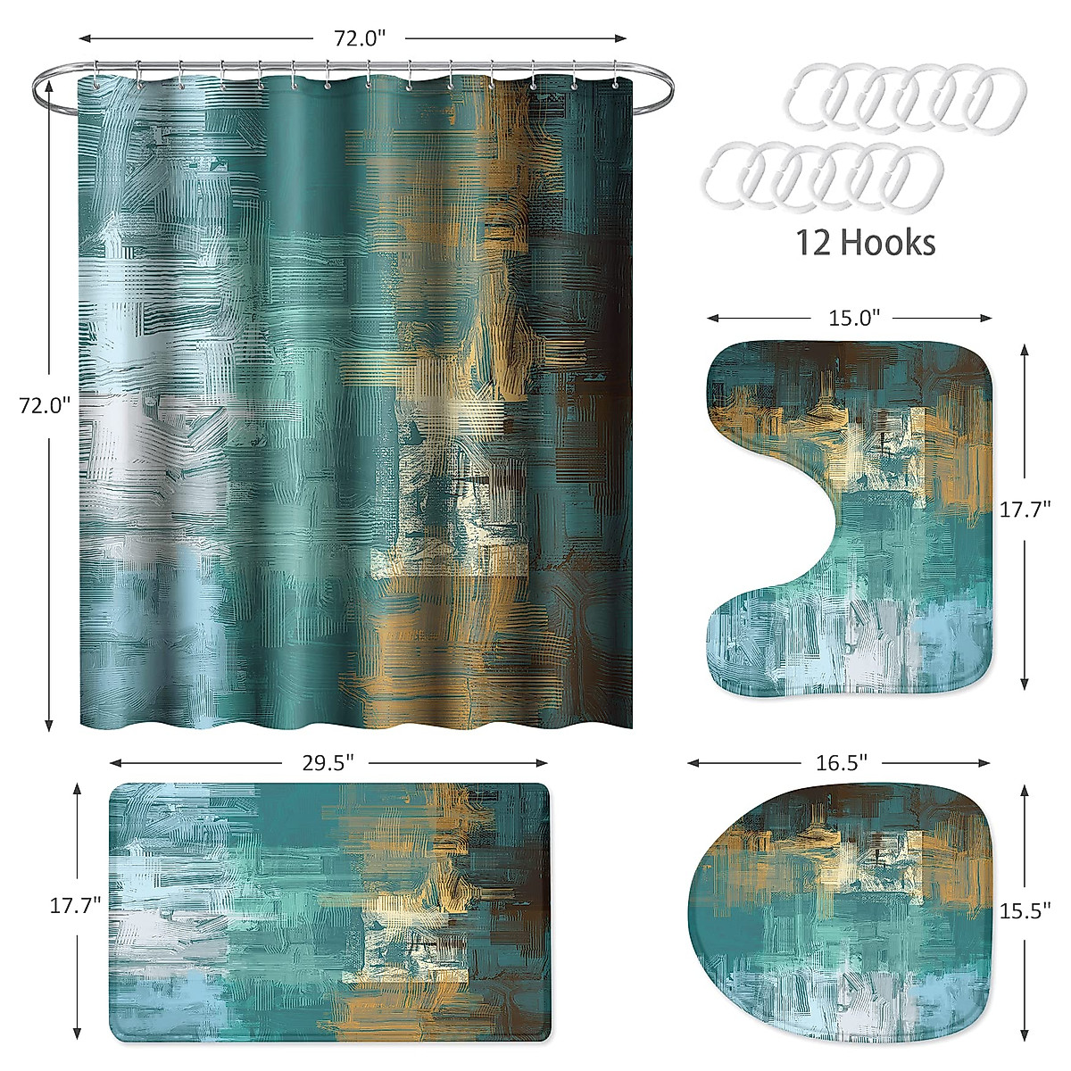 DIYCAM 4 Pcs Colorful Digital Backdrop Shower Curtain Sets, Bath Decor with Rug and Toilet Lid Cover, Modern Bathroom Curtain with 12 Hooks, 72 x 72 in