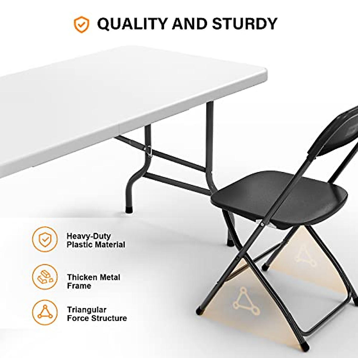 VINGLI 6 FT Plastic Folding Table Set with 8 Black Folding Chairs for Picnic, Event, Training, Outdoor Activities, at Home and Commercial Use