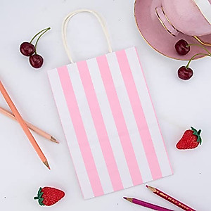 RNORRI Gift Bags 50Pcs 5.25x3.75x8 Inch Paper Bags Small Pink And White Bags Pink Party Bags Shopping Bags With Handles, Striped Bags For Baby Shower, Birthday, Business, Retail