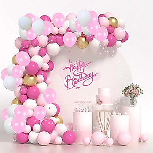 Pink Balloons Arch Kit Garland,103pcs Hot Pink Metallic Gold White Balloons, Pink Balloon Arch for Birthday Wedding Bridal Girl Baby Shower Party Decorations