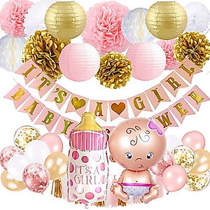 Baby Shower Decorations For Girl, Pink and Gold Baby Girl Shower Decorations set, Paper Lantern, Baby Shower Banner, It's a Girl Banner, Baby Girl Foil Balloon, Flower Pom Pom, Foil Tassel