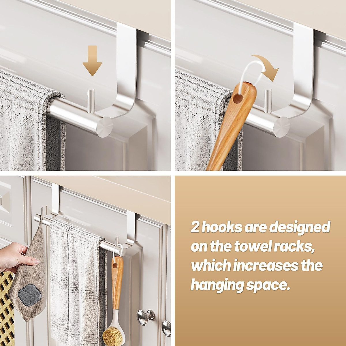 VEHHE Kitchen Towel Holder - 2pcs Over Cabinet Door Hand Dish Towel Bar Rack Holders with 2 Hooks＆ VEHHE Kitchen Towel Holder, Retractable Kitchen Towel Rack, Hooks Adjustable to Door Thickness.